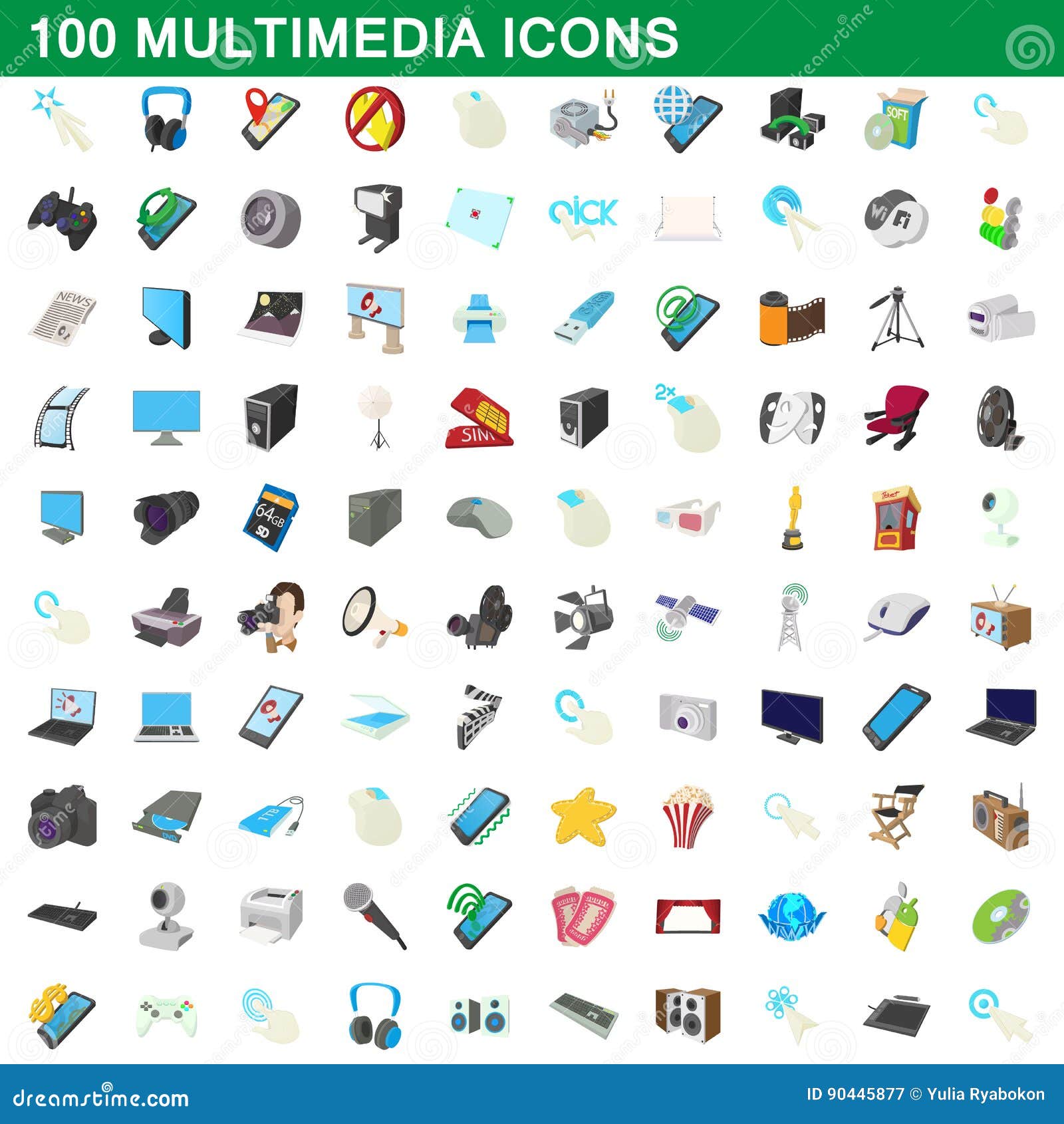 100 Multimedia Icons Set, Cartoon Style Stock Vector - Illustration of ...