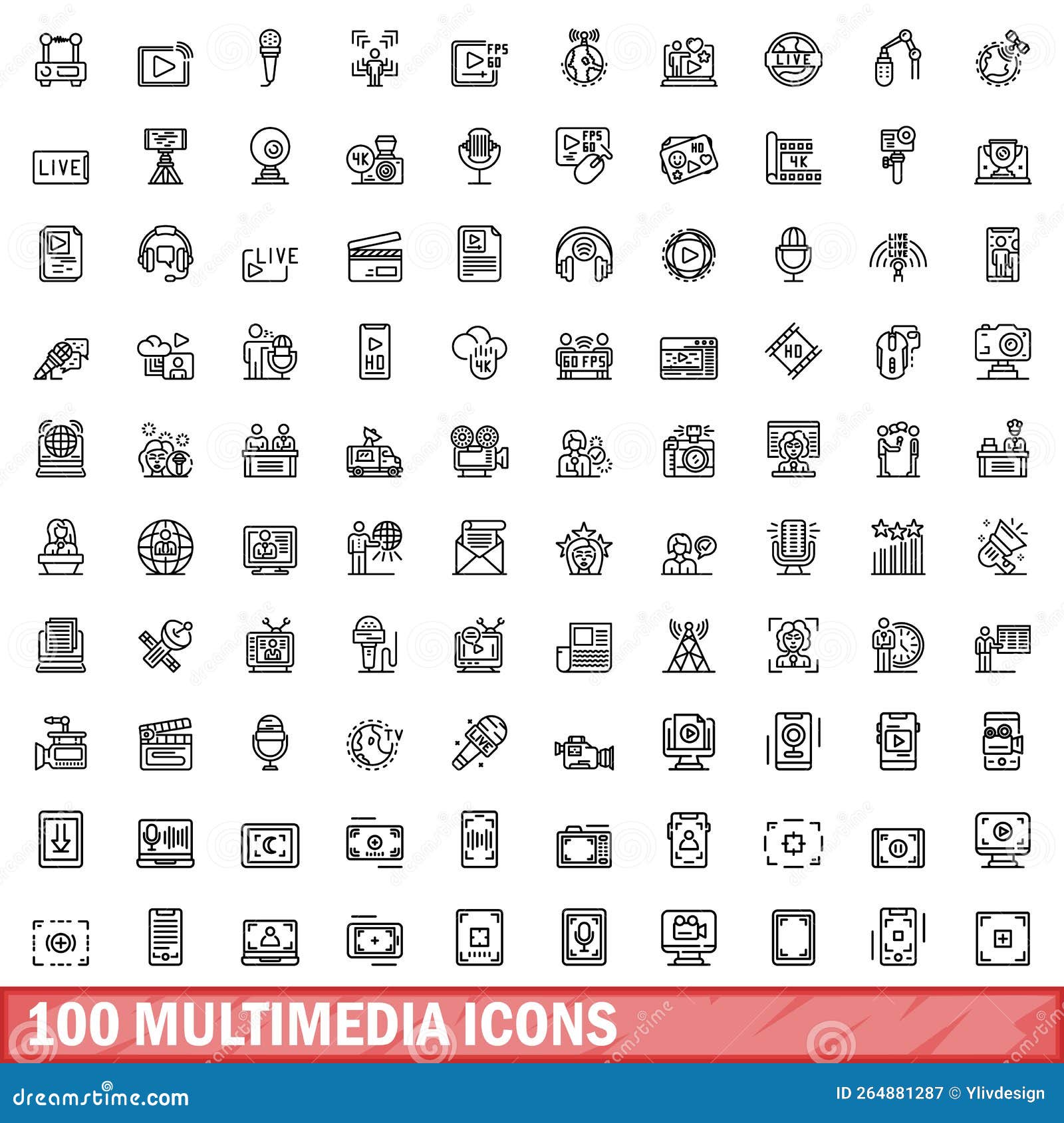100 Multimedia Icons Set, Outline Style Stock Vector - Illustration of ...