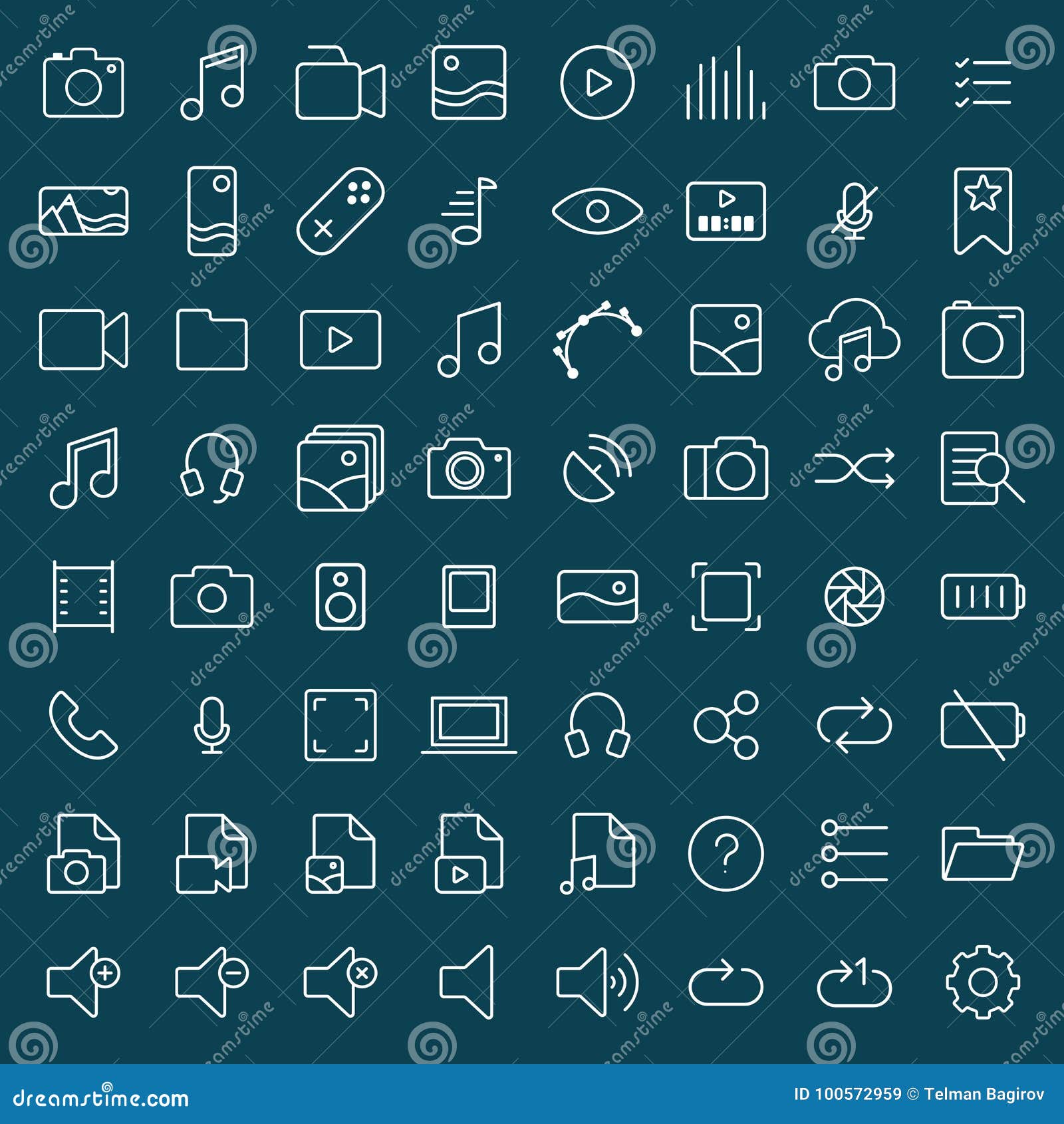 Multimedia Line Icons Set on Blue Background Stock Illustration ...