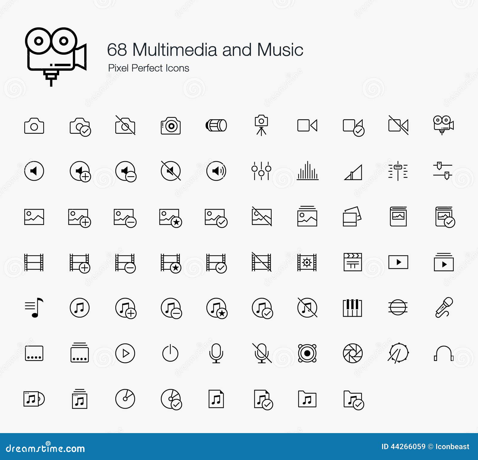 68 Multimedia-Musik-Pixel-perfekte Ikonen (Linie Art) Vektor Abbildung ...