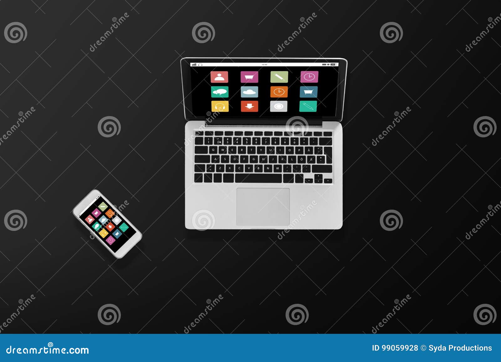 Laptop Computer with Menu Icons and Smartphone Stock Photo - Image of ...