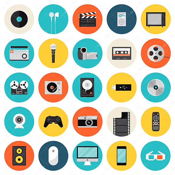 Multimedia and Technology Flat Icons Stock Vector - Illustration of ...