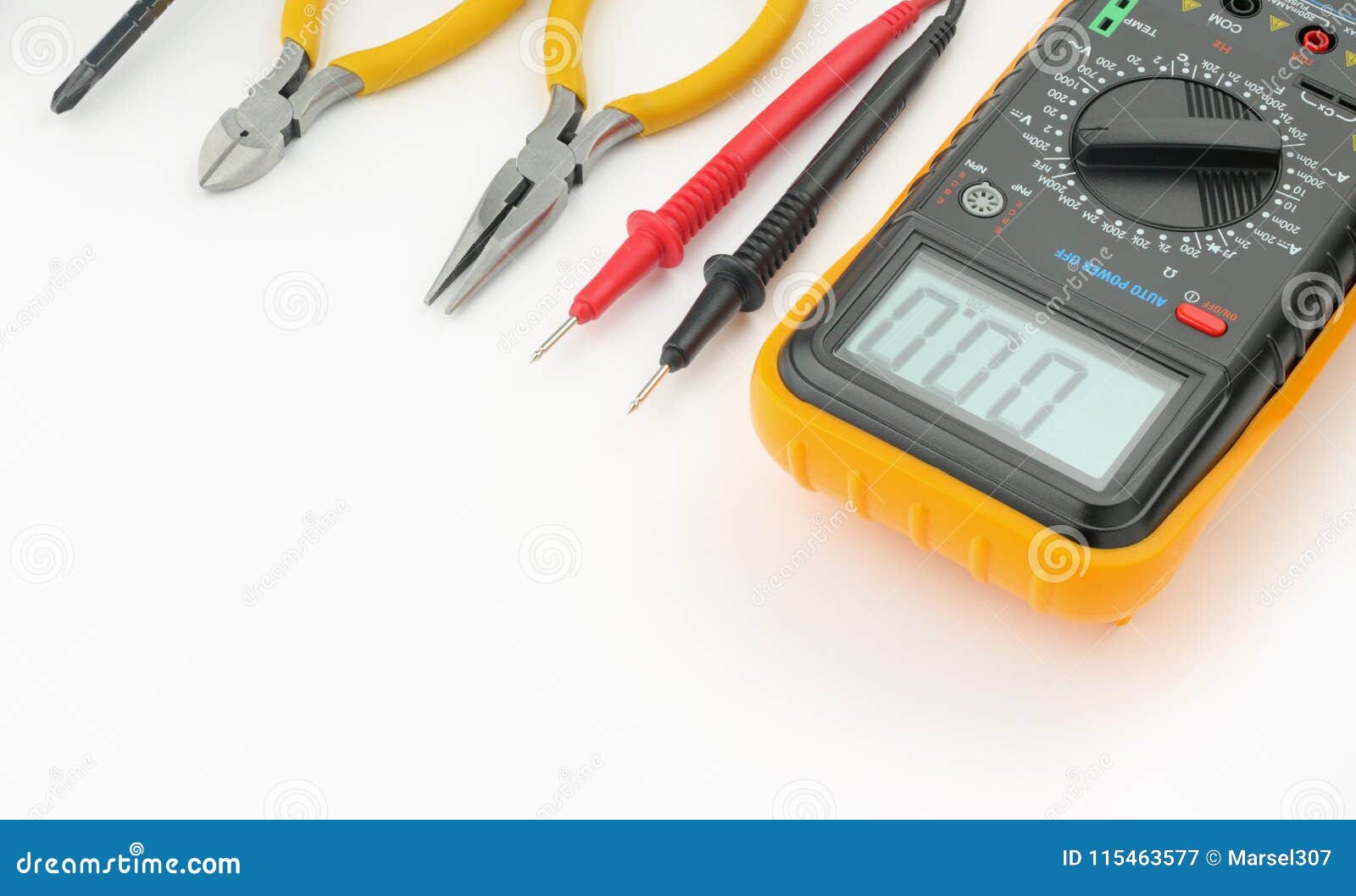 Multimeter and hand tools stock image. Image of device - 115463577