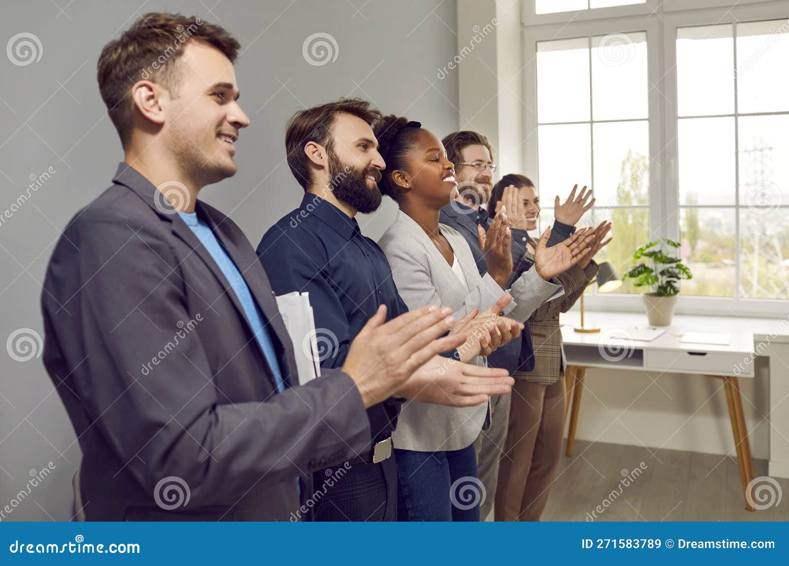Multinational People Working in Same Company Applaud Stand in Office ...