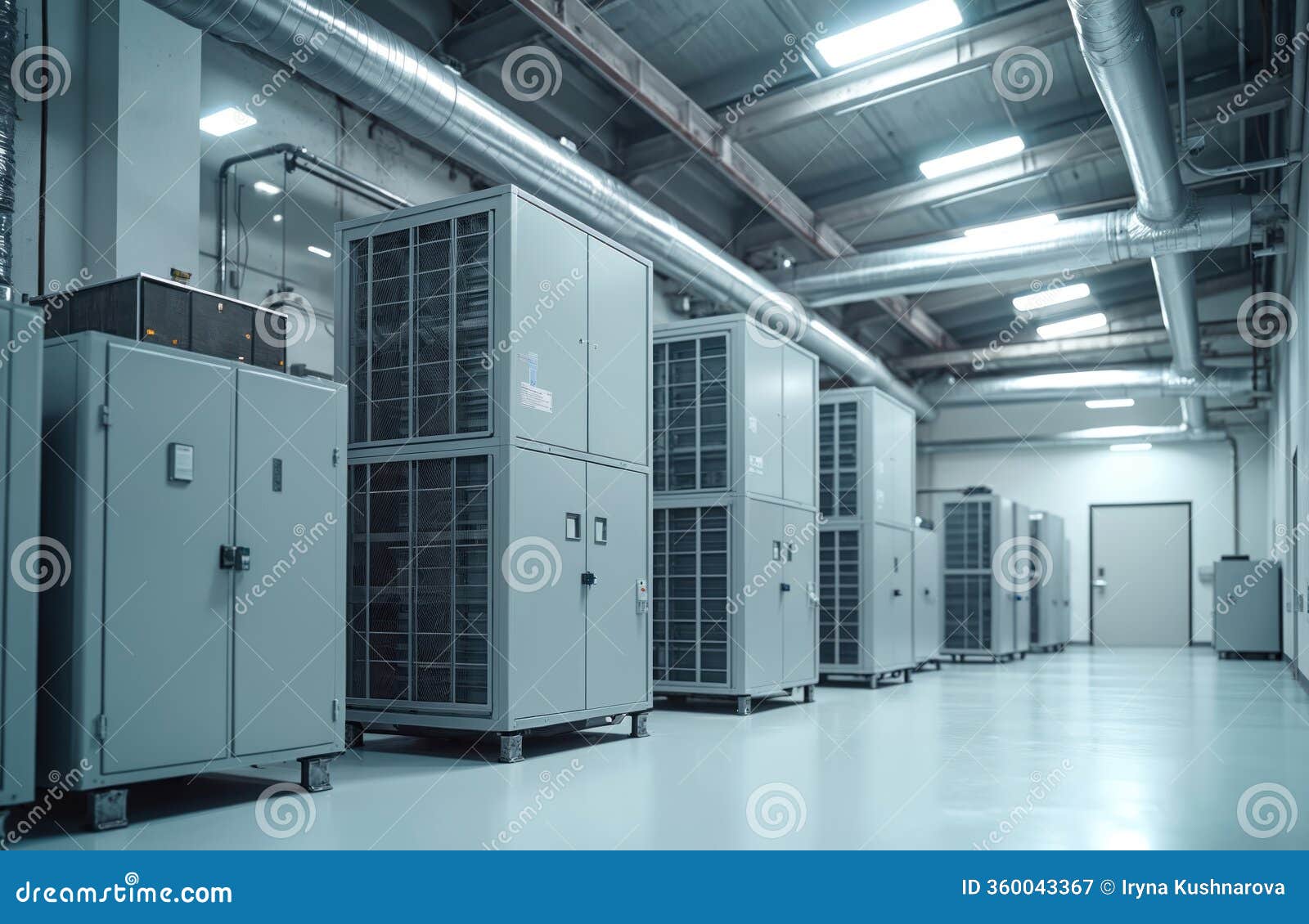 Multiple Air Conditioning Units in Row in Industrial Room with Pipes ...