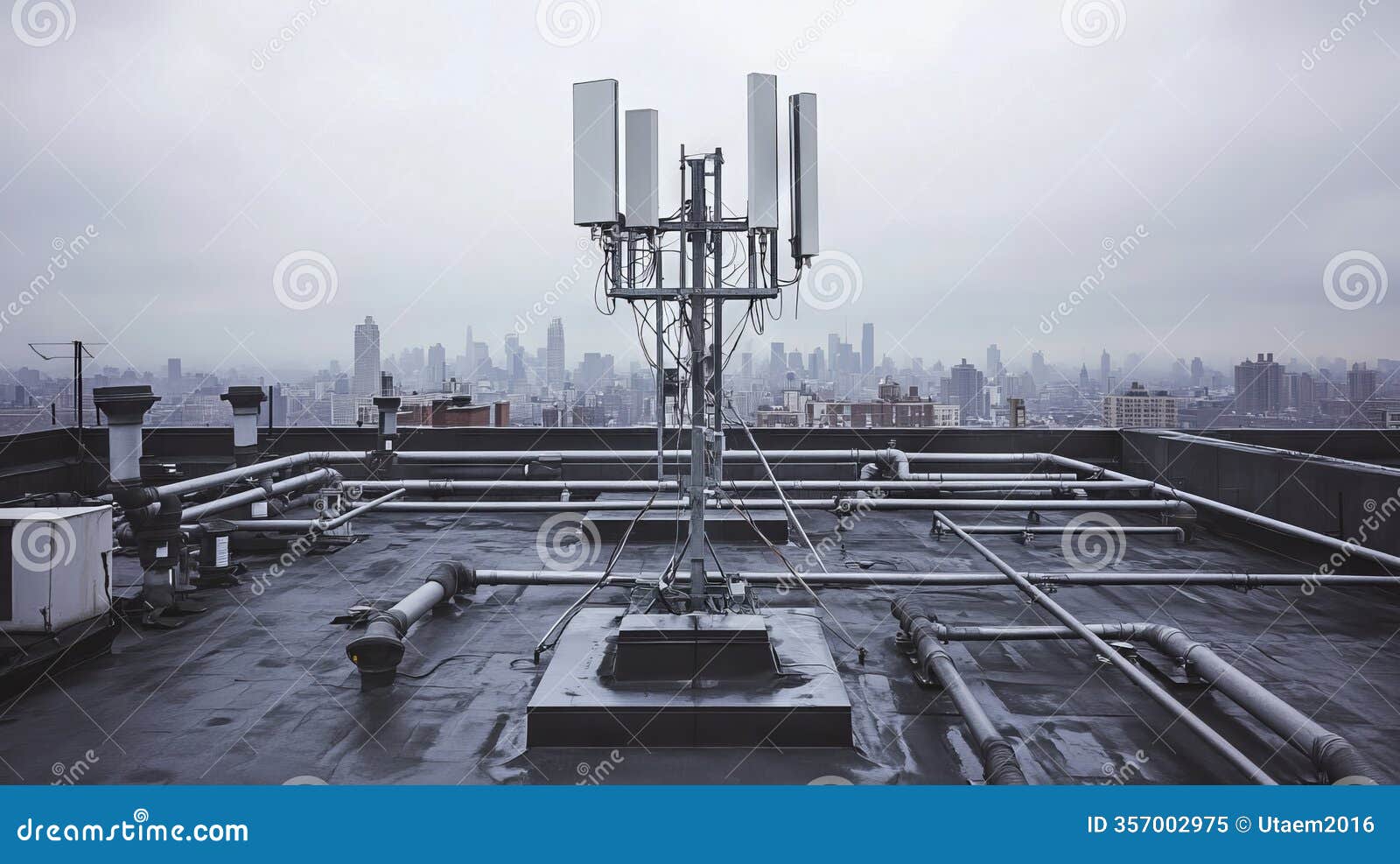 Telecommunication Tower Dominating Rooftop with City Skyline in ...