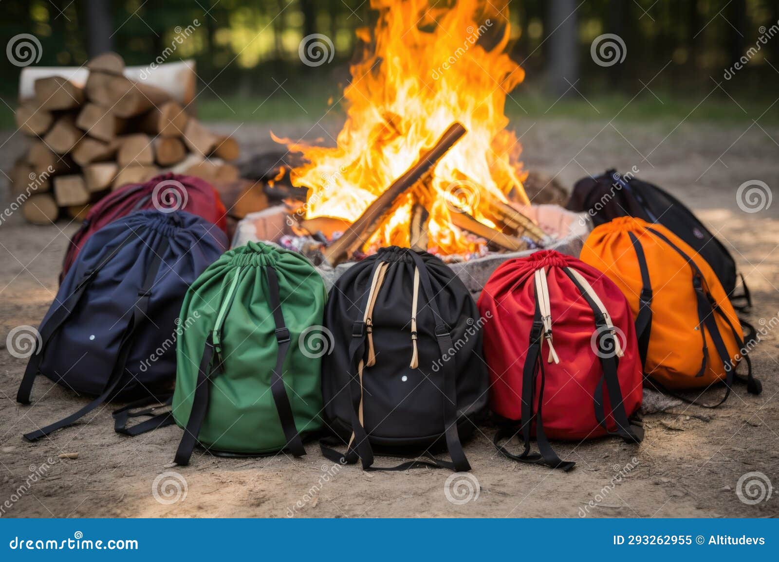 Multiple Backpacks Placed in a Circle Around a Campfire Stock ...