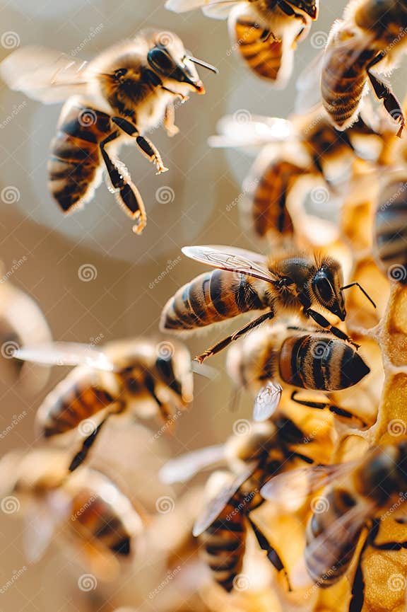 Multiple Bees are Flying in the Air Around a Honeycomb Stock Photo ...