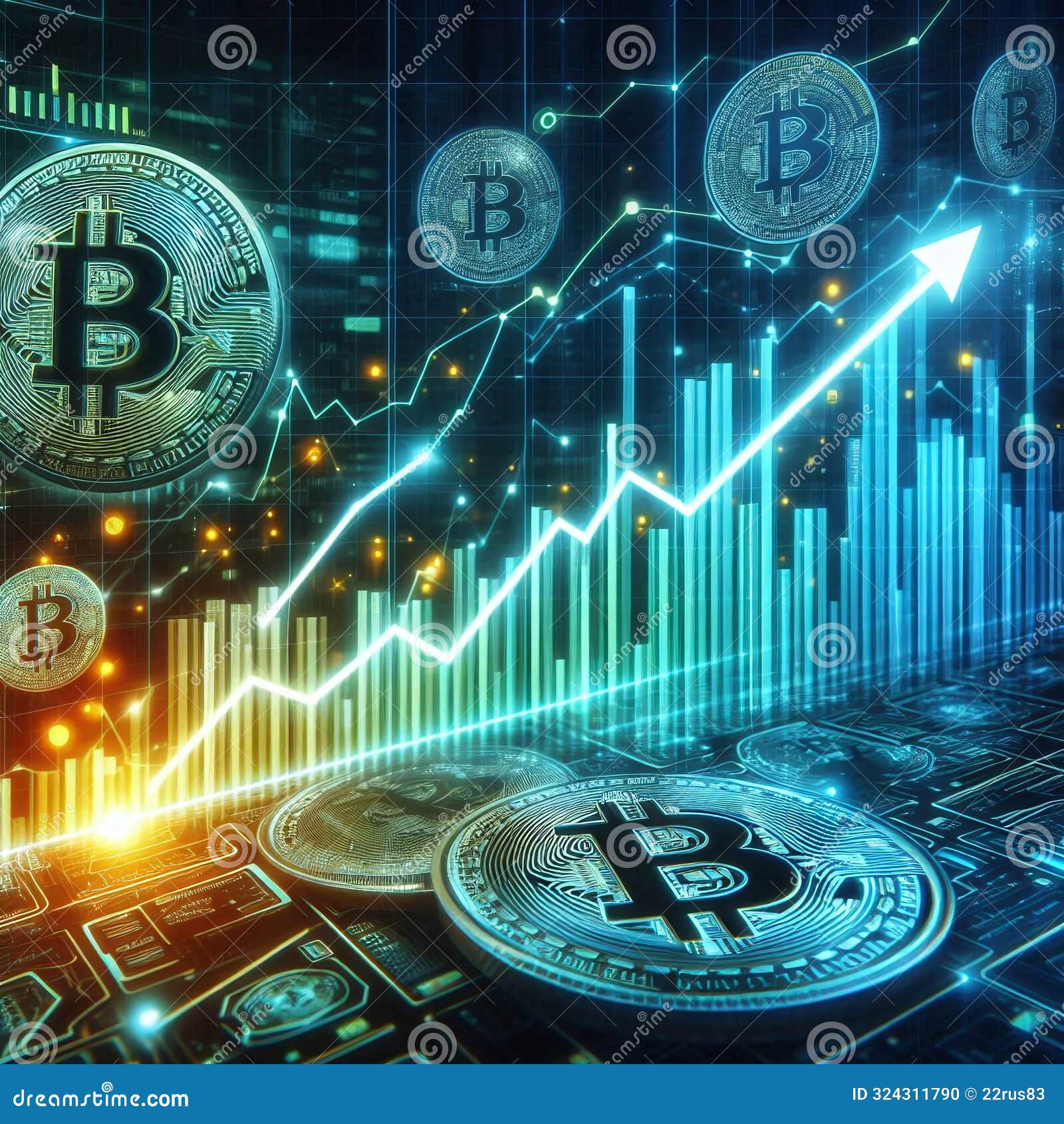 Multiple Bitcoin Symbols with Rising Financial Graph Stock Photo ...