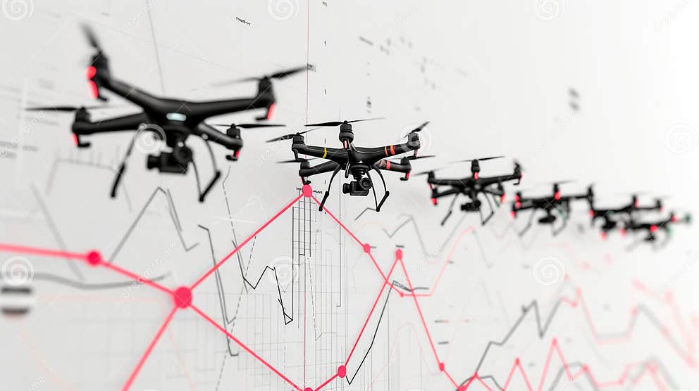 Multiple Black Drones in Formation with Digital Data Overlay Stock Illustration - Illustration ...