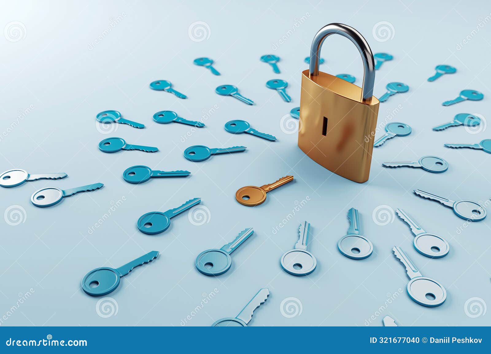 Multiple Blue Keys Scattered with a Central Gold Padlock on a Blue ...