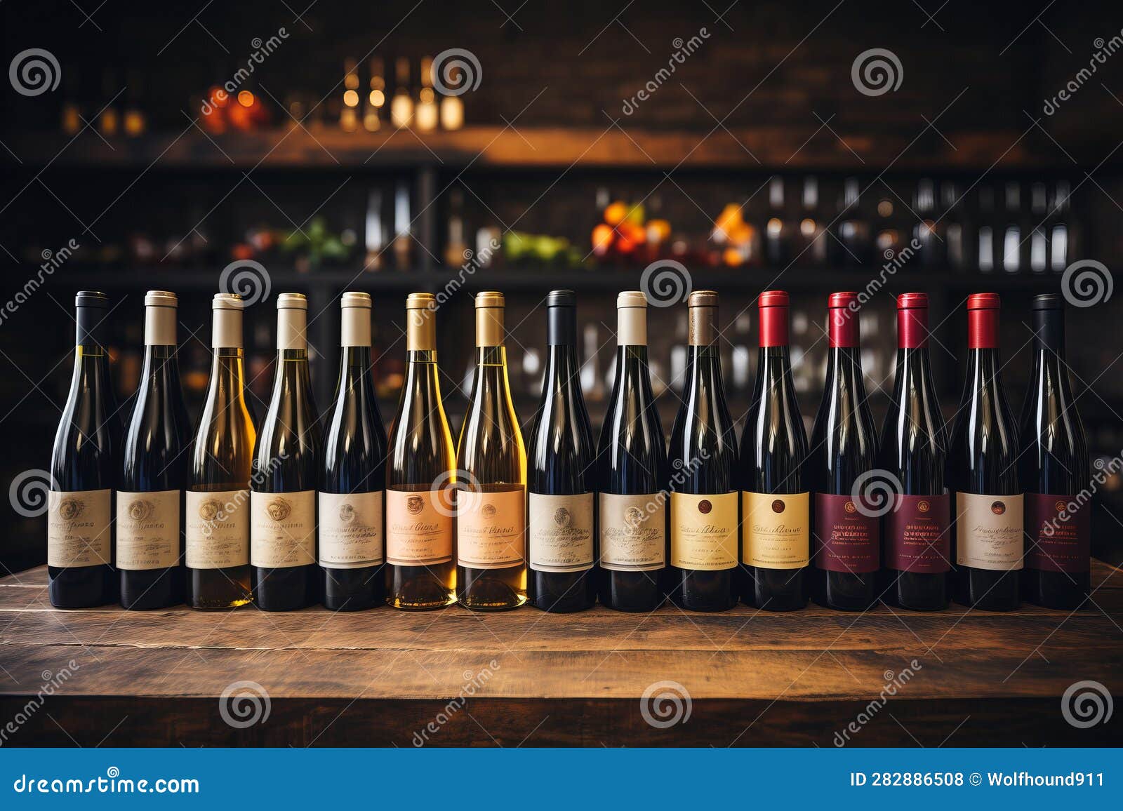 Multiple Bottles of Wine Lined Up in the Style of Rustic. Generative AI ...