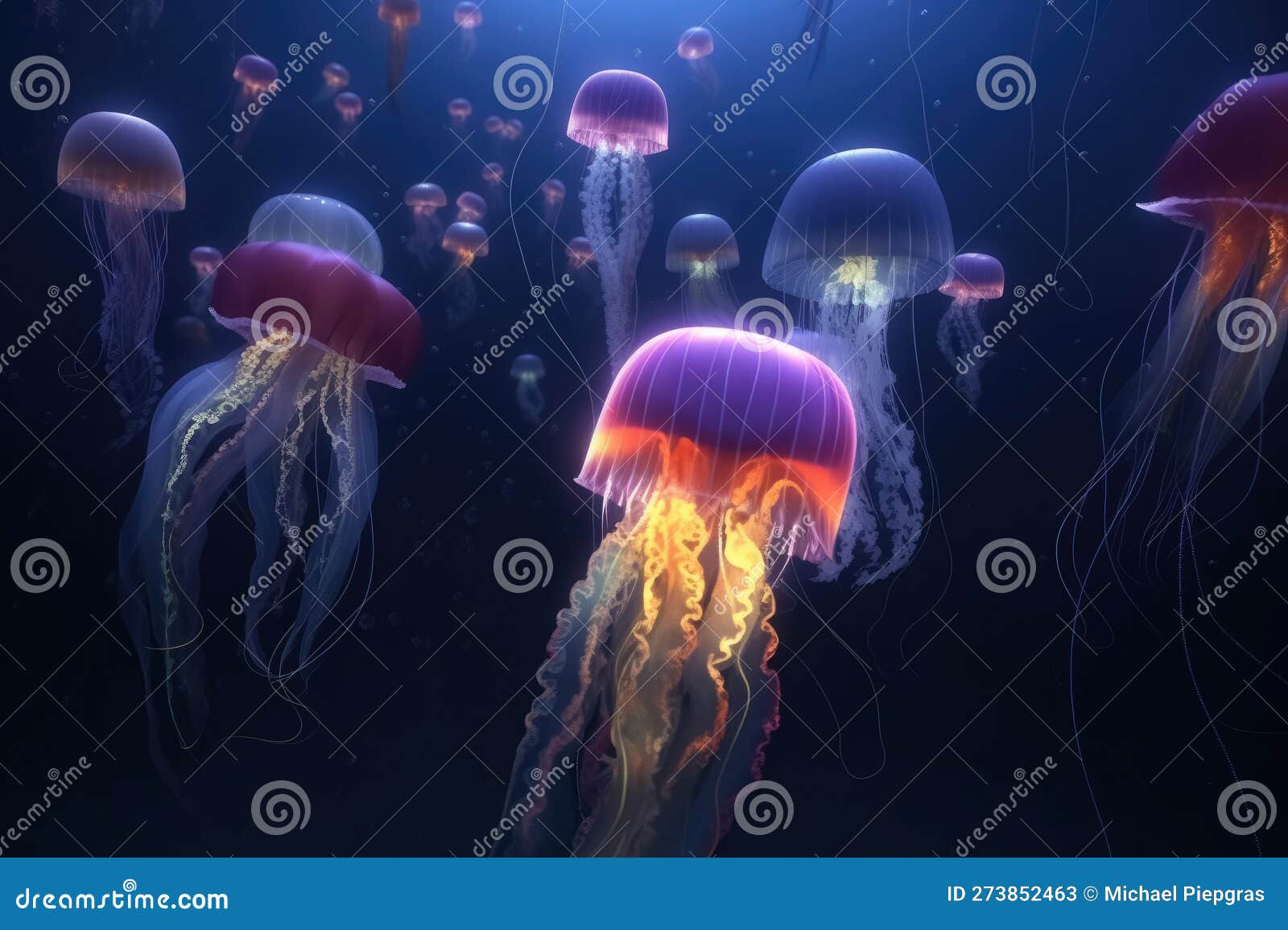 Multiple Brightly Coloured Jellyfish in the Depths of the Ocean with ...