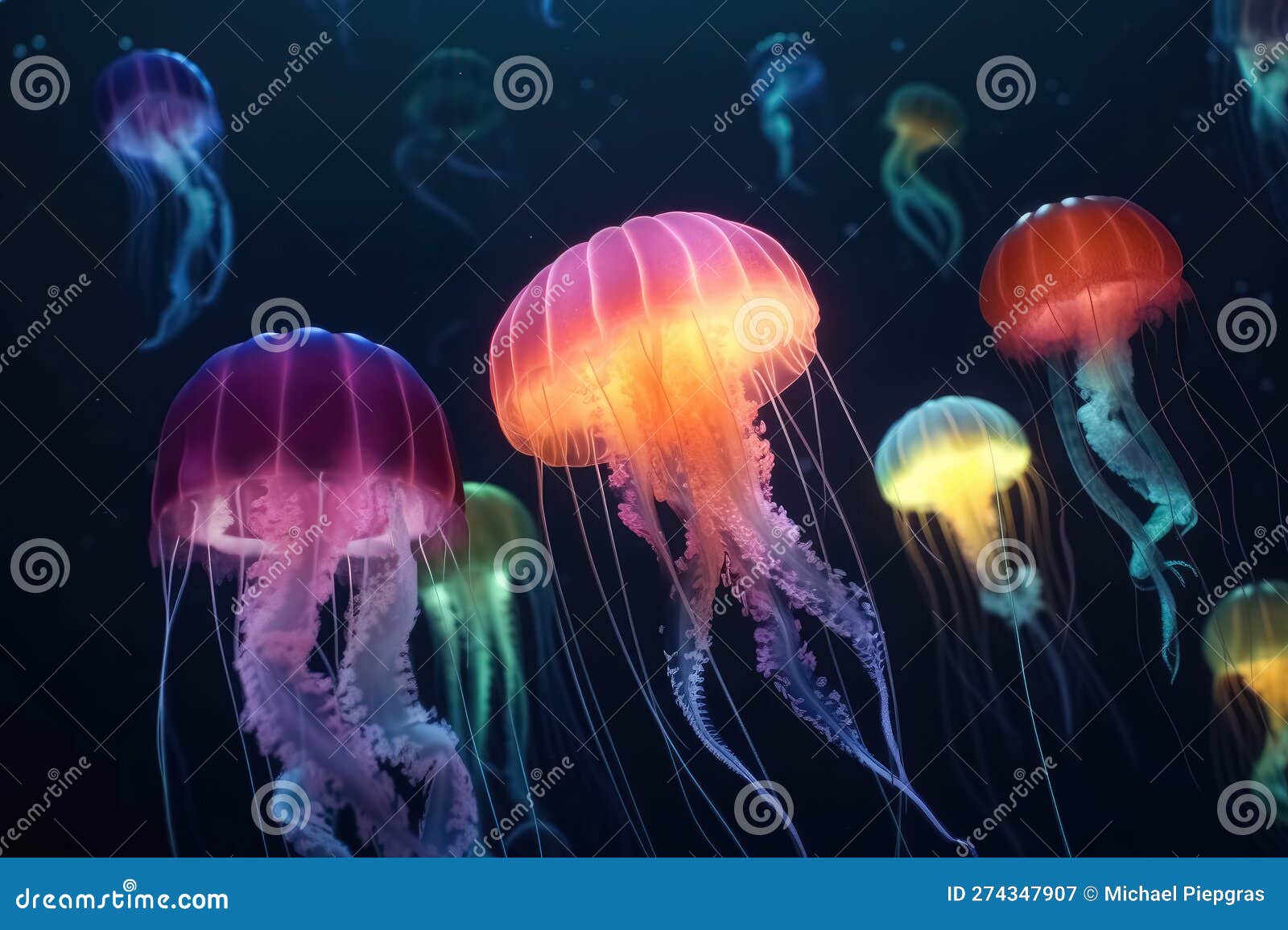 Multiple Brightly Coloured Jellyfish in the Depths of the Ocean with ...
