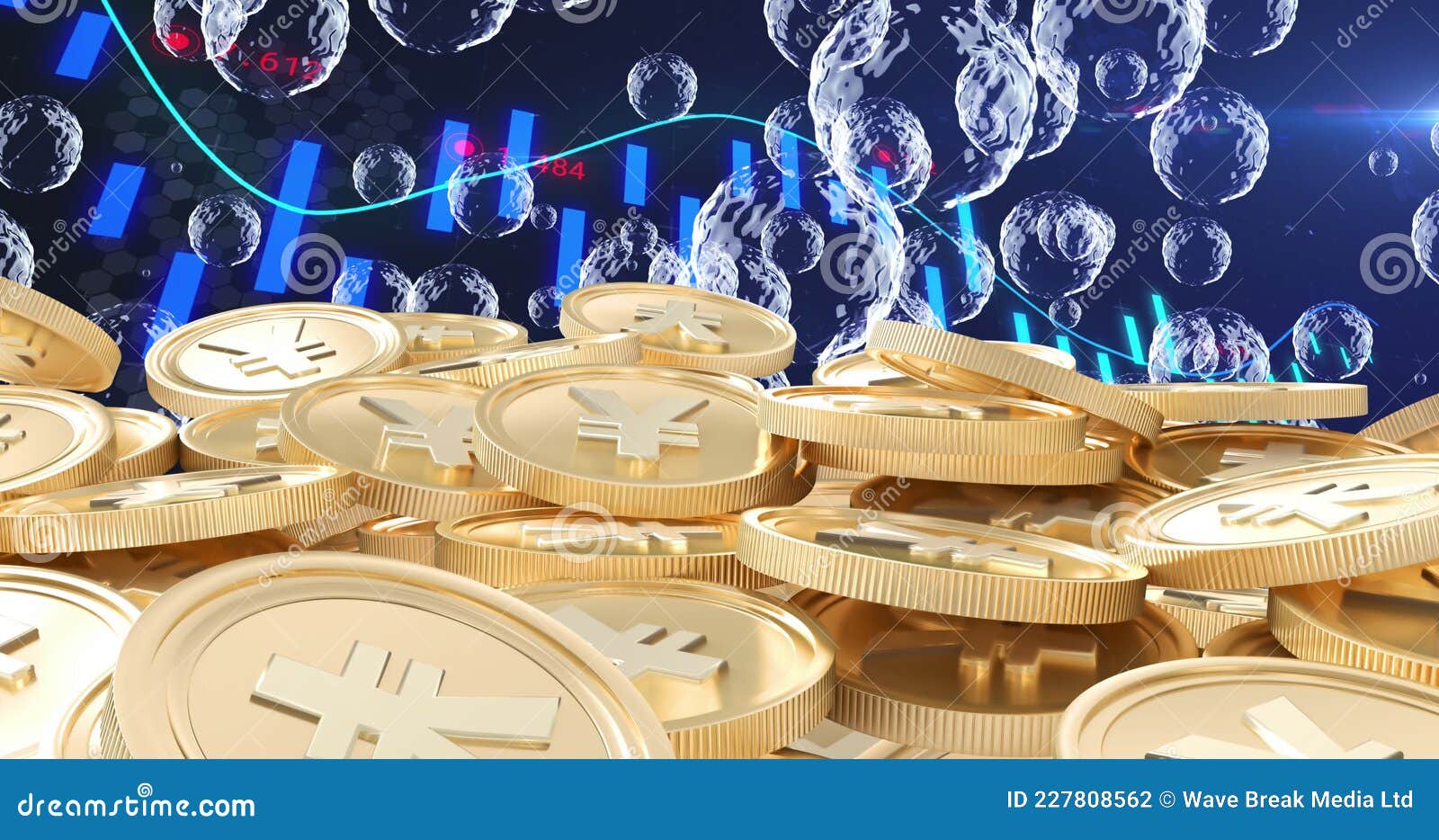 Multiple Bubbles Floating Against Gold Coins Against Financial Data ...