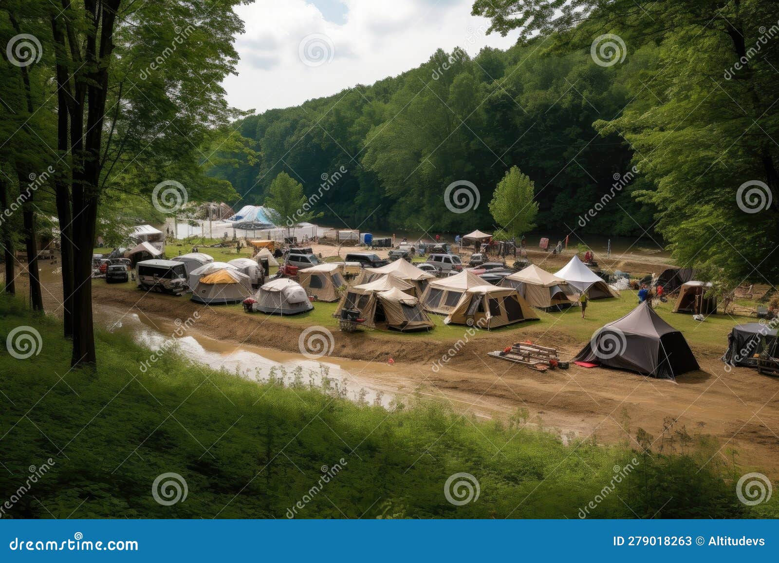 Multiple Campsites, Each with Unique Setup and Activities Stock ...
