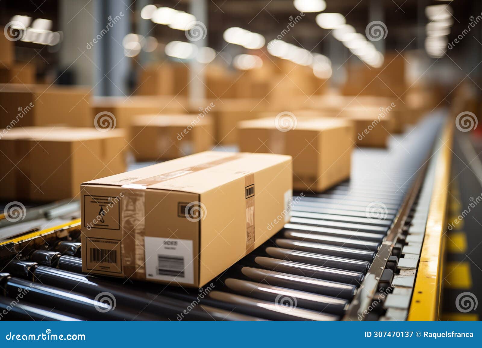 Multiple Cardboard Box Packages on Conveyor Roller Ready for Shipping ...