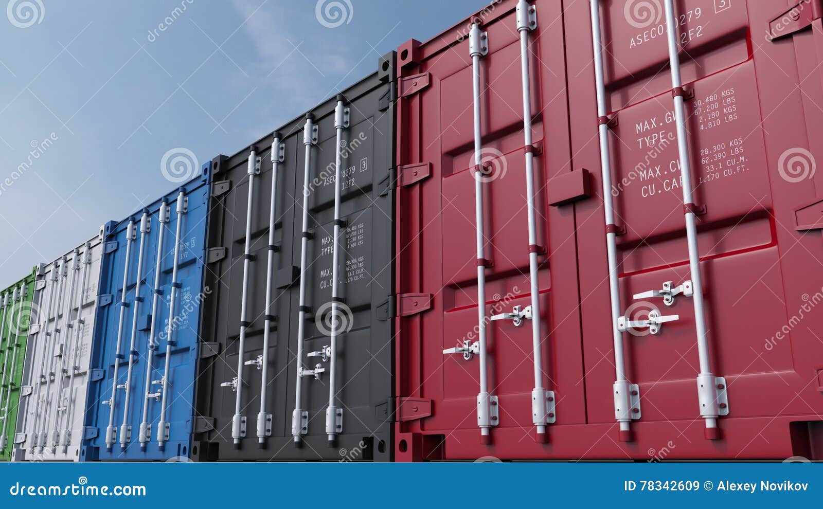 Multiple Cargo Containers Against Blue Sky, 3D Rendering Stock ...