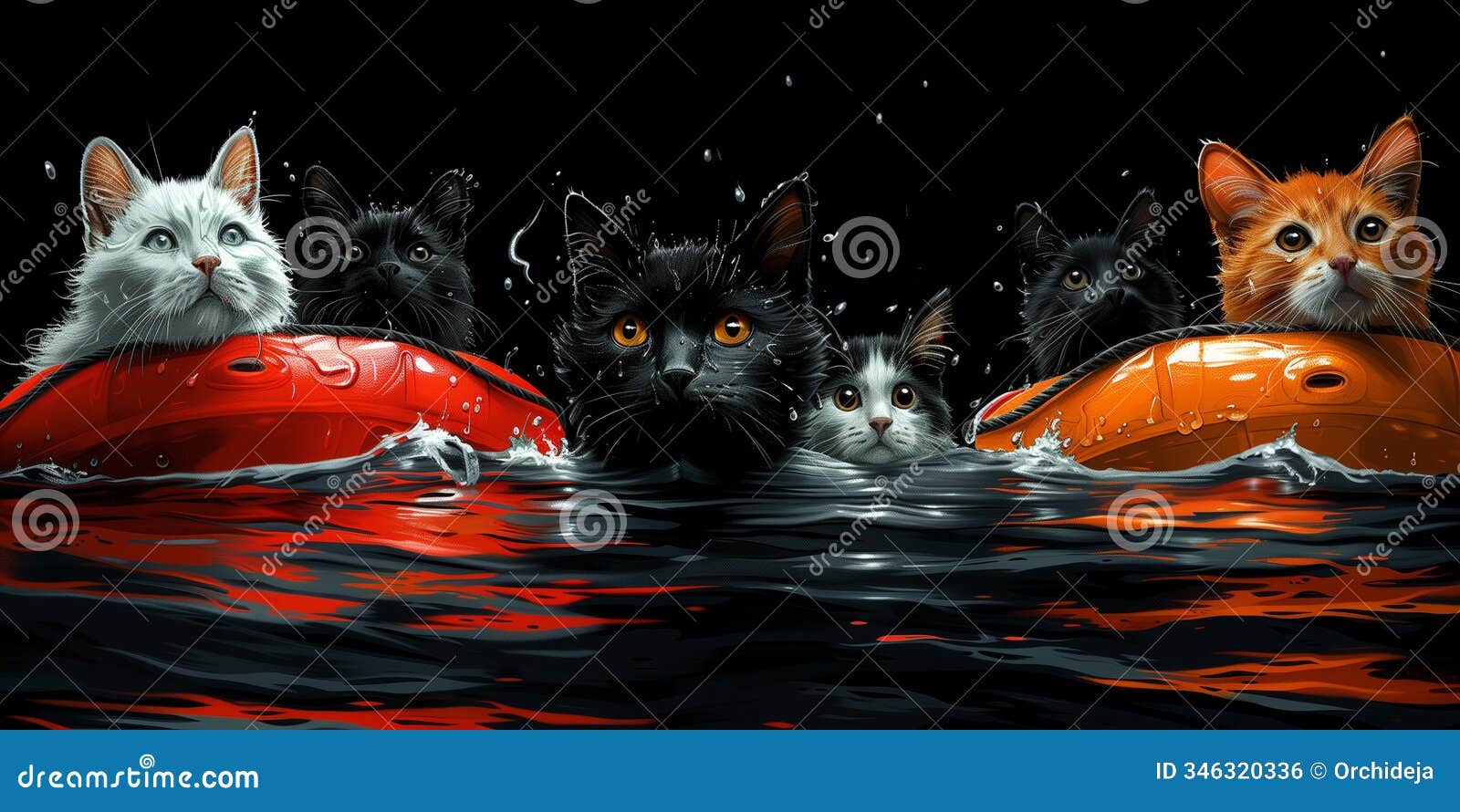 Multiple Cats Aboard a Raft Sailing in Water Stock Photo - Image of ...
