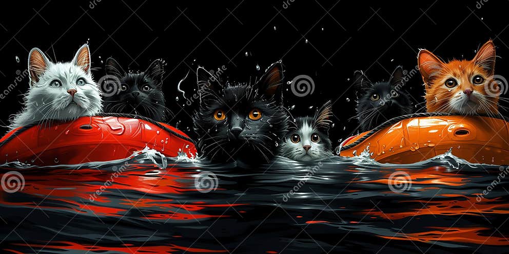 Multiple Cats Aboard a Raft Sailing in Water Stock Photo - Image of ...
