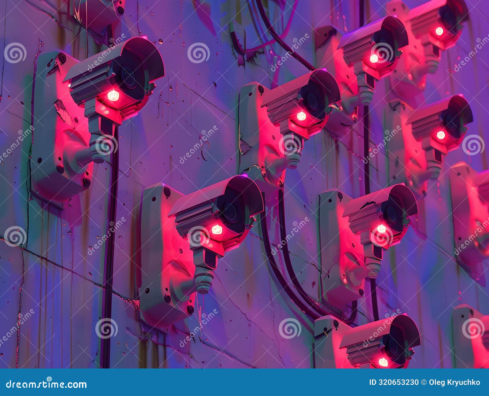Array of Surveillance Cameras on a Wall at Night, Security Concept ...