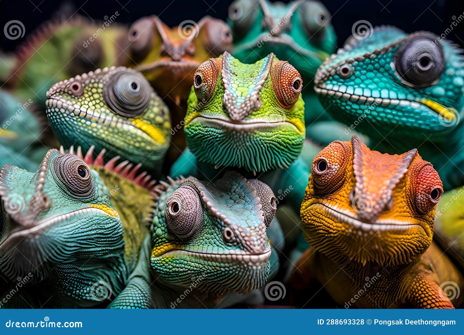 Multiple Chameleon Face only Packed Together and Straight Look the Same ...