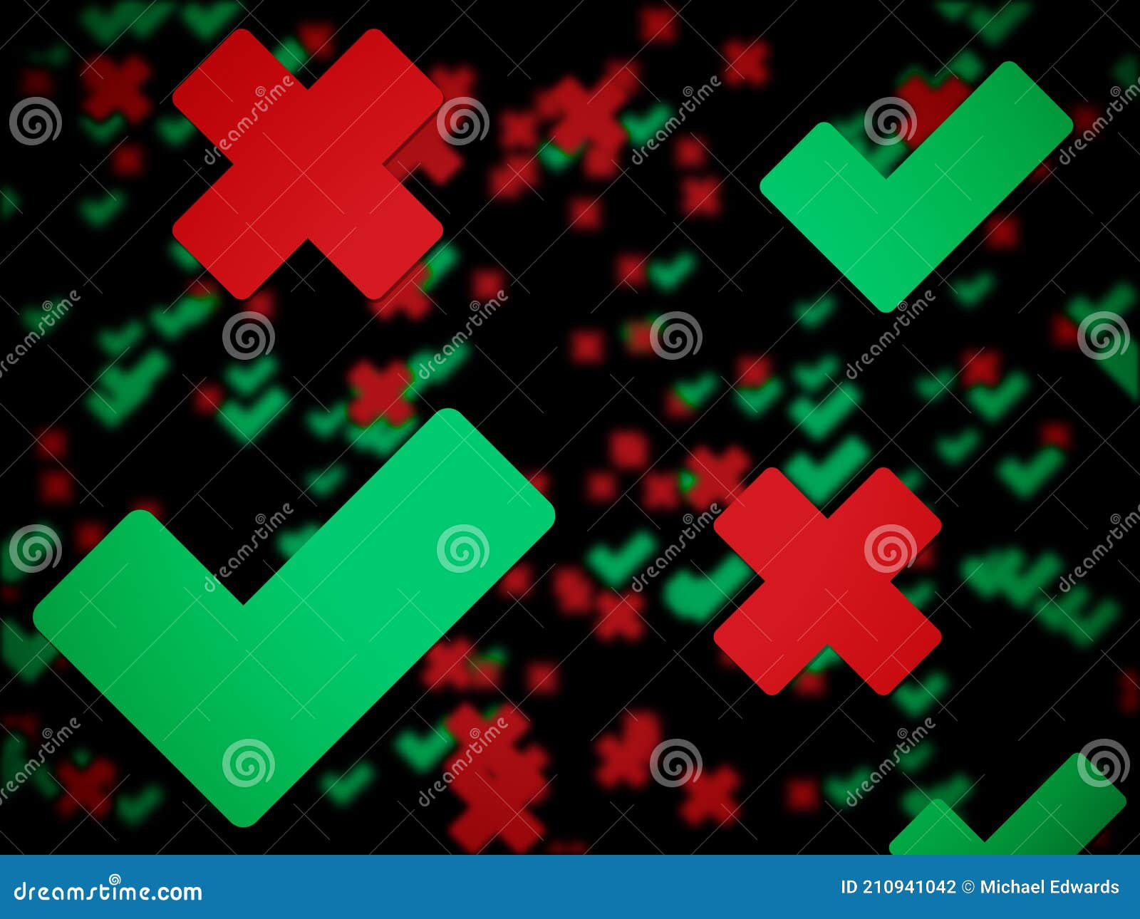 Multiple Check and X Marks with Bokeh Effect. Mixed Reaction, 50-50 or ...