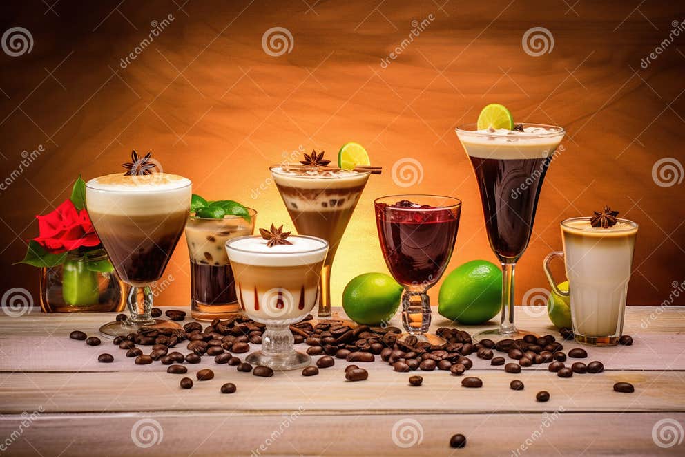Multiple Coffee-based Drinks Adorned with Swirling Cream, Offering a ...