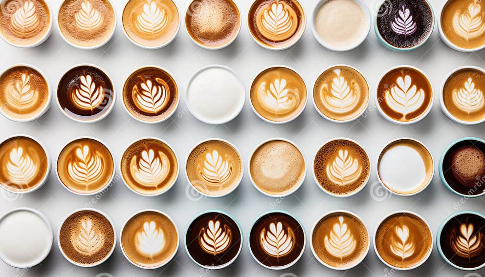 Multiple Coffee Mugs Arranged on White Stone Table with Overhead View ...