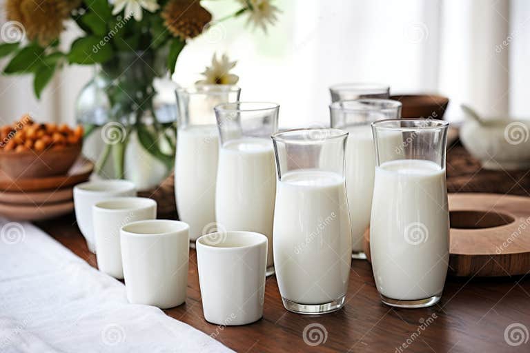 Multiple Coffee Mugs and a Milk Bottle on Breakfast Table Stock Photo ...