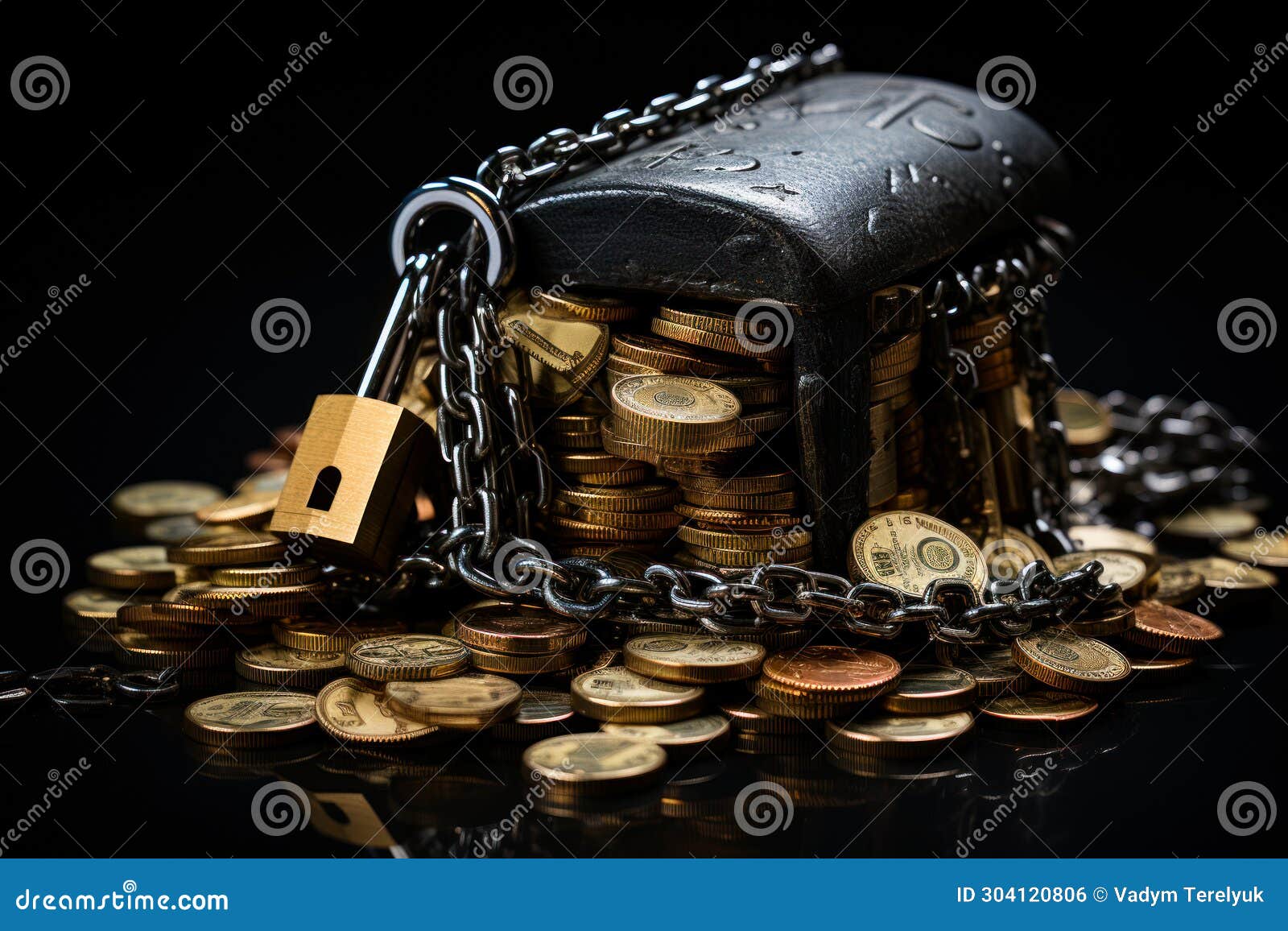Multiple Coins in a Pile Close Up. Money in a Broken Chest with Chain ...