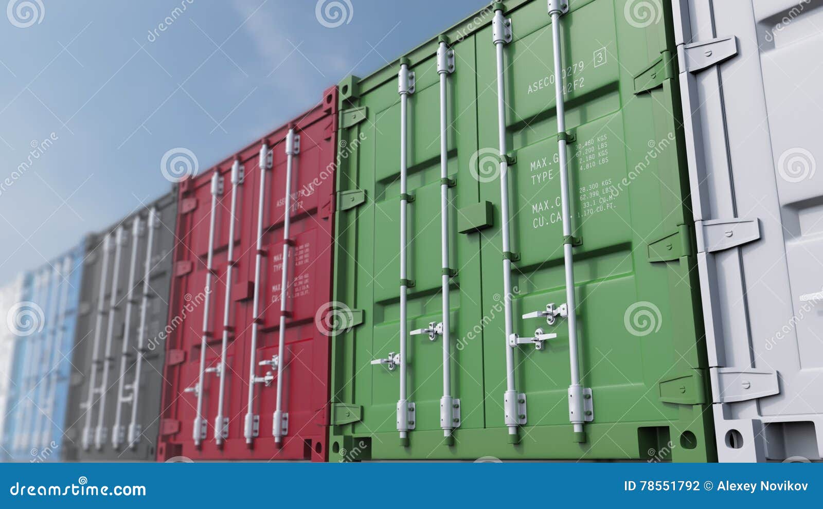 Multiple Colored Cargo Containers Against Blue Sky, Shallow Focus. 3D ...