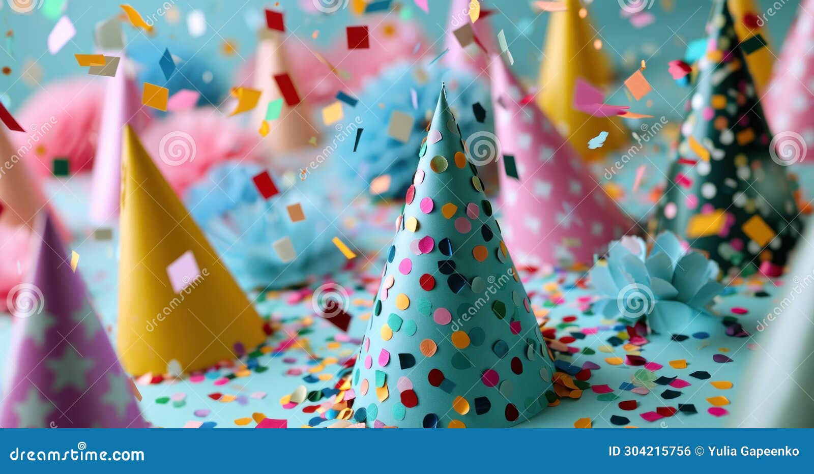 Multiple Colorful Party Hats and Confetti Stock Photo - Image of ...
