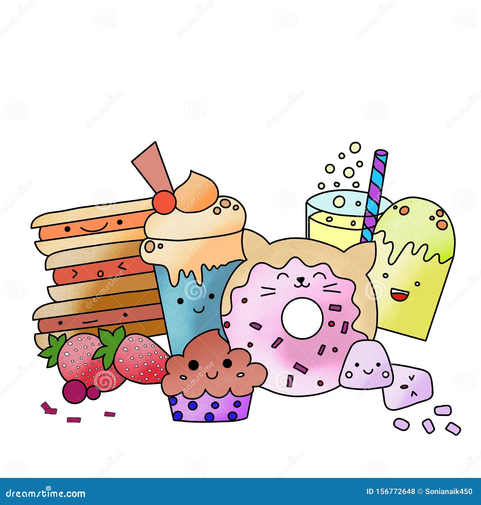Multiple Colour Snacks Doodles with Faces Stock Illustration ...