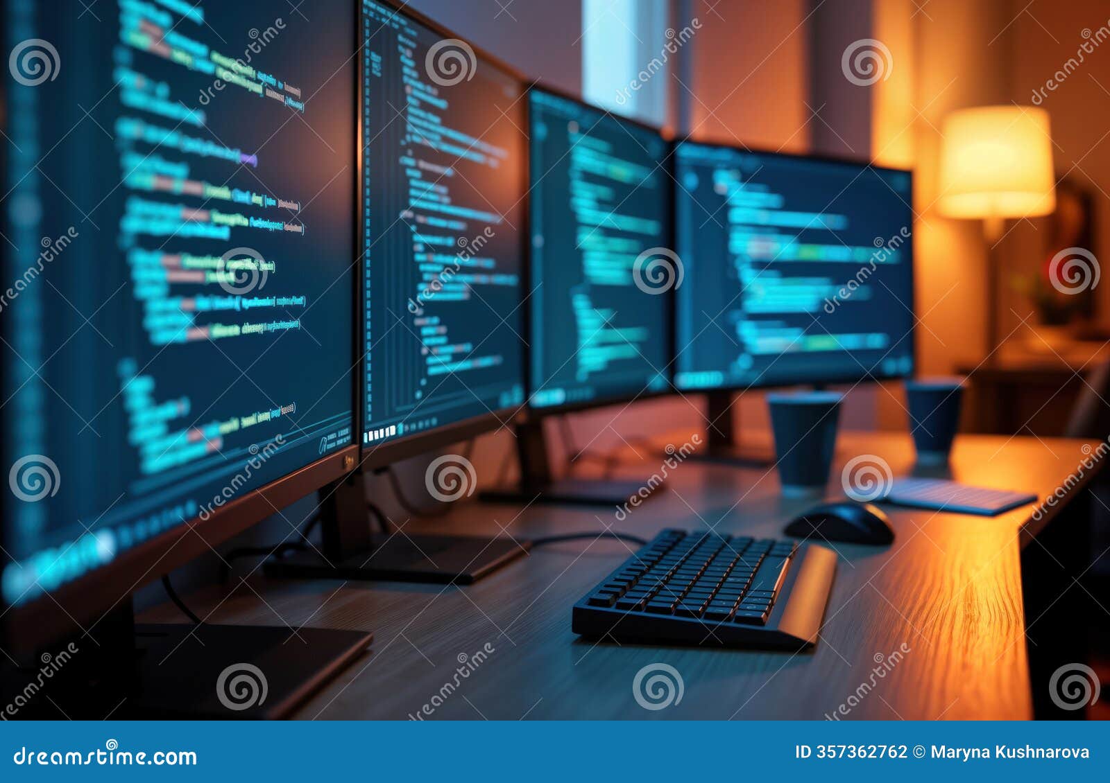 Multiple Computer Monitors Display Code. Modern Tech Workplace ...