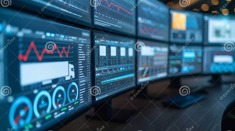 Multiple Computer Monitors Displaying Data Analysis Graphs And Charts In A Modern Office Setting