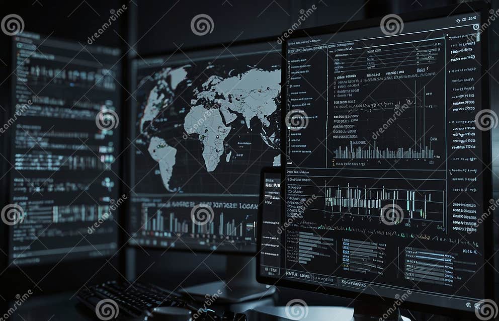 Computer Screens Showing World Map and Data Analysis Charts in a Dark ...