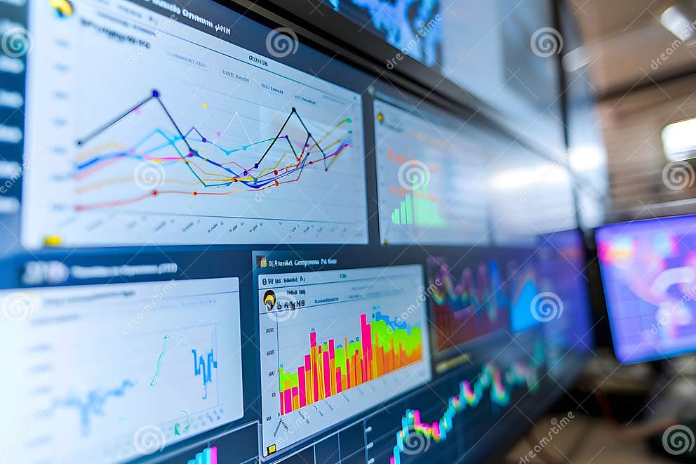 Multiple Computer Monitors Displaying Real-time Analytics, Charts, and Graphs Data Analysis ...