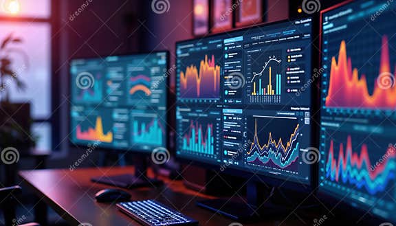 Multiple Computer Screens Display Real-time Network Monitoring Data ...