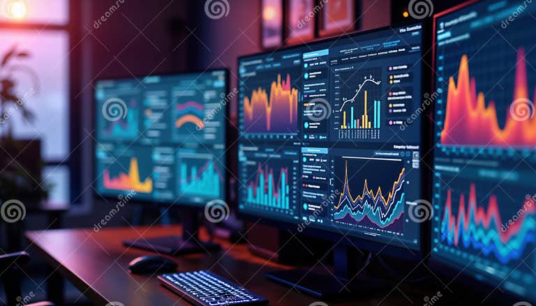 Multiple Computer Screens Display Real-time Network Monitoring Data ...