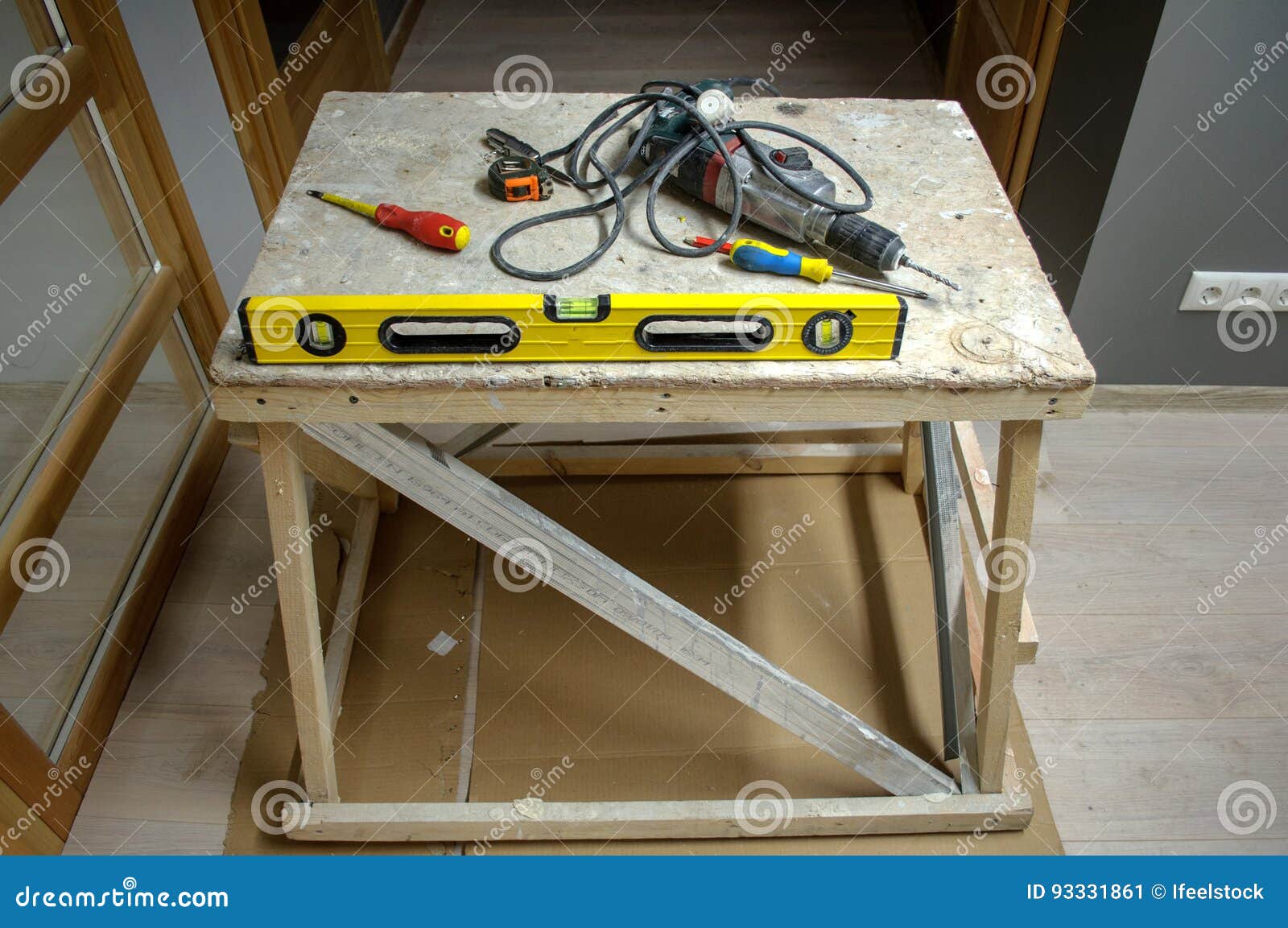 Multiple Construction Tools on Wooden Table in New House Office Stock ...