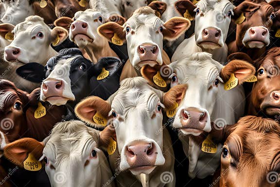 Multiple Cows Face only Packed Together and Straight Look the Same Way. Generative AI Stock ...