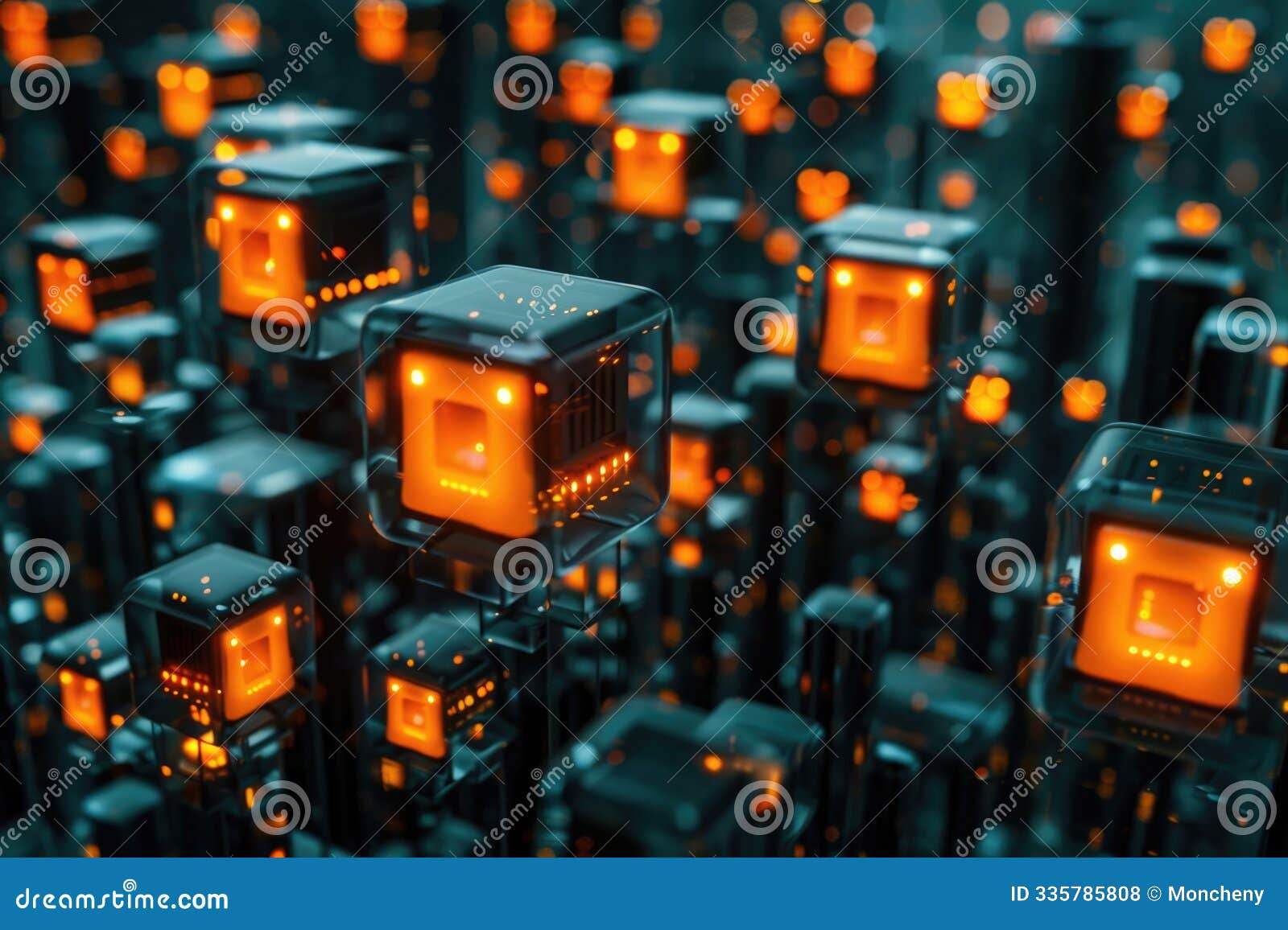 Multiple Cubes with Glowing Lights on Their Surfaces, Creating an ...
