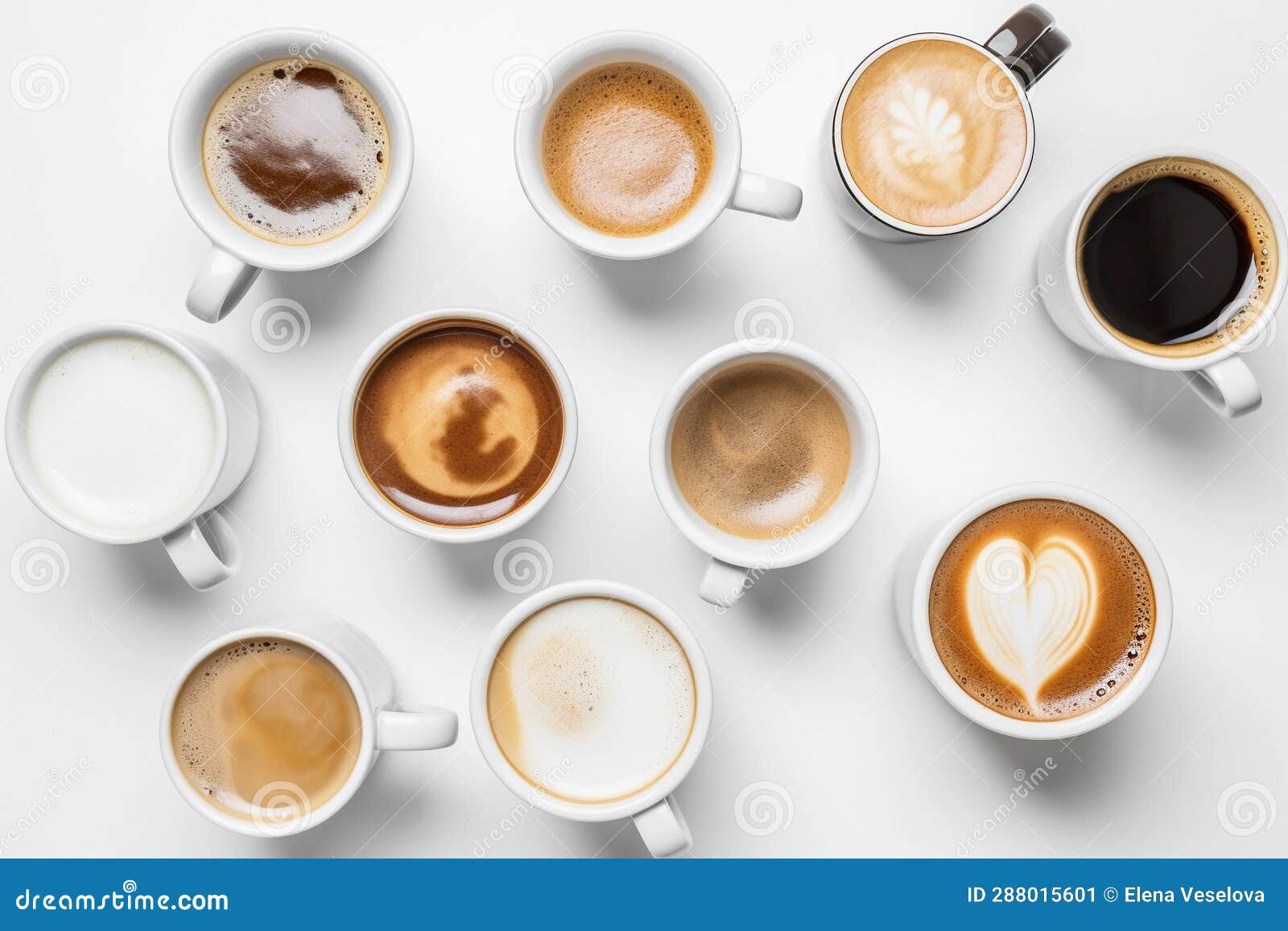 Multiple Cups of Coffee with Variety of Coffee Drinks Overhead View ...