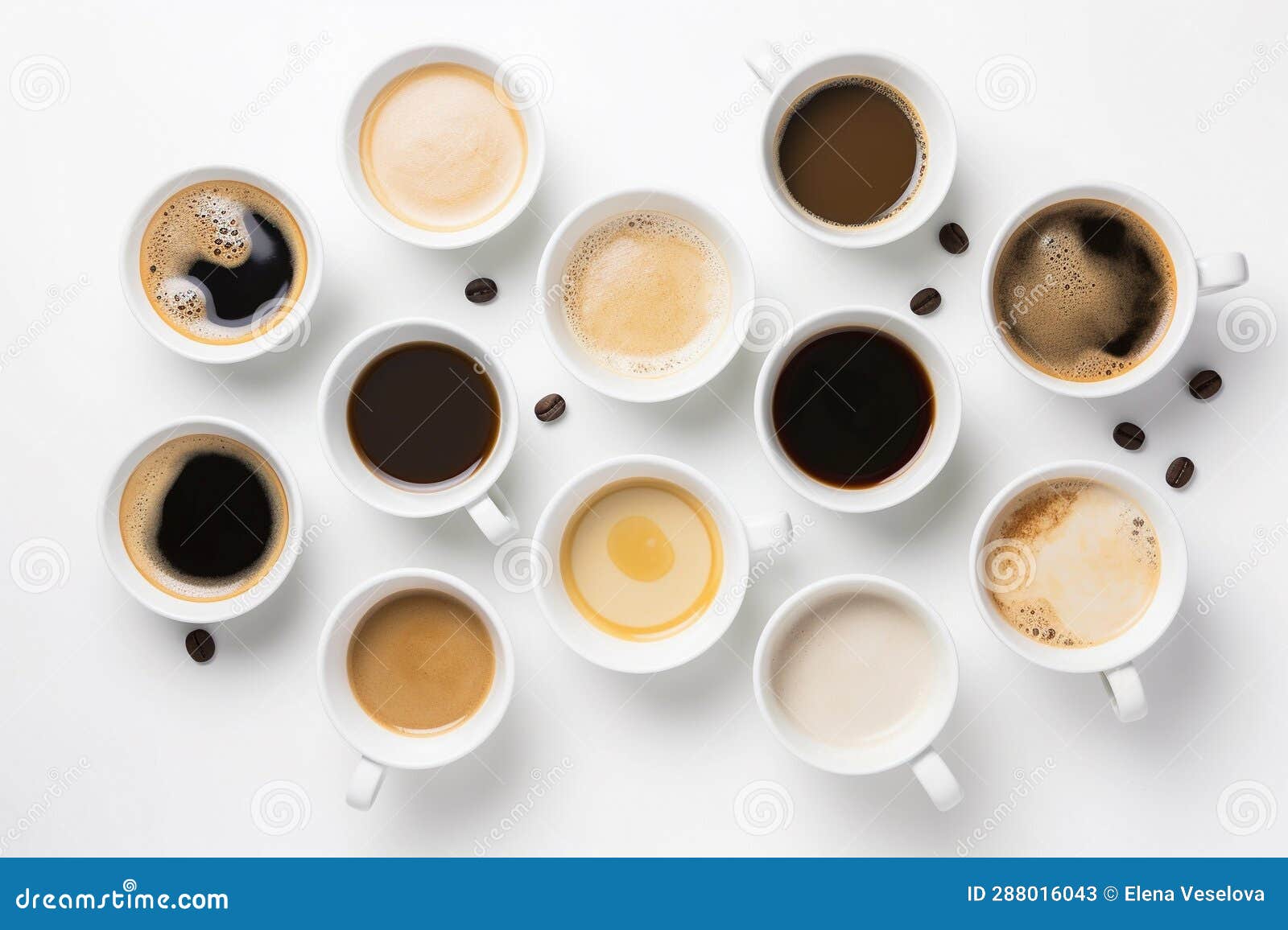 Multiple Cups of Coffee with Variety of Coffee Drinks Overhead View ...