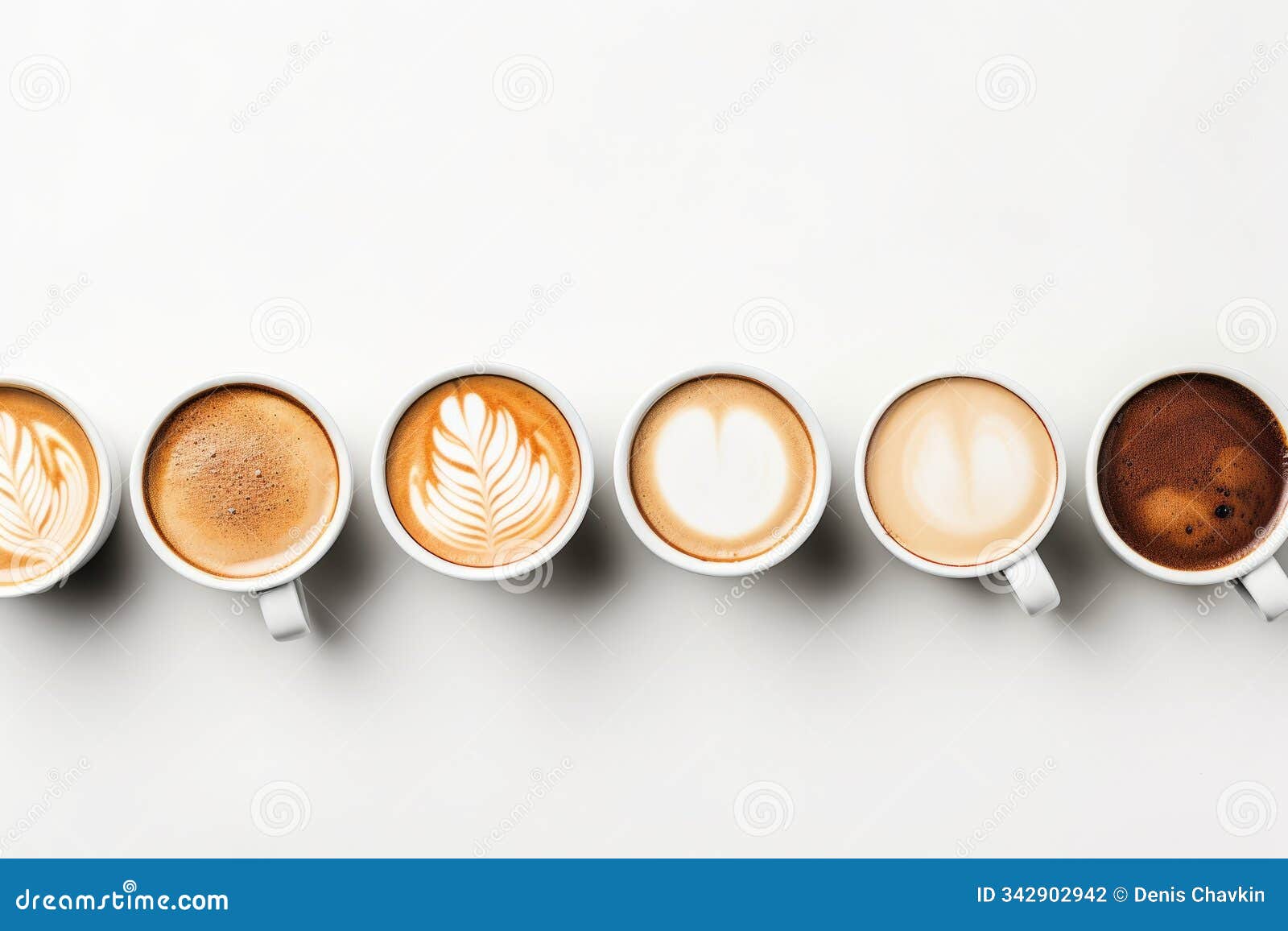 Multiple Cups of Coffee with Variety of Coffee Drinks on White. Top ...
