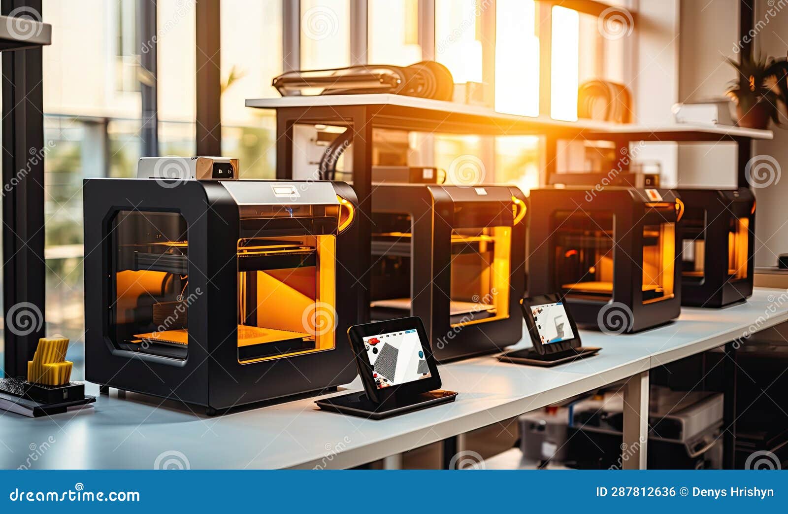 Multiple 3D Printers on a Table Stock Illustration - Illustration of ...