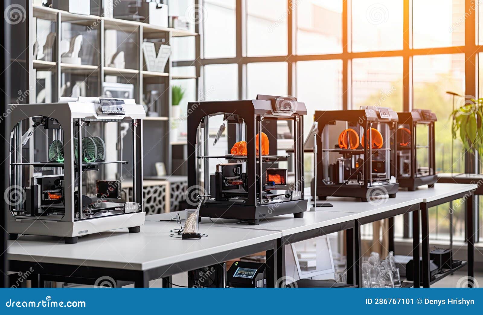 Multiple 3D Printers on a Table in a Workshop Stock Illustration ...