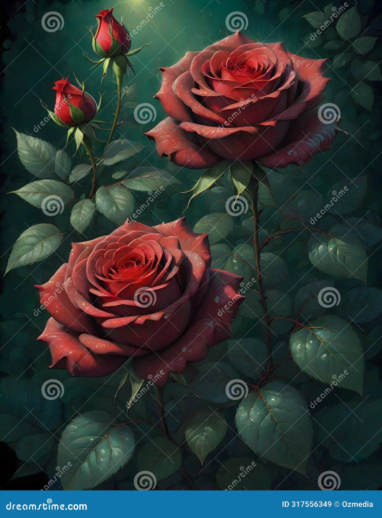 Multiple Dark Red Roses Set Against Deep Green Leaves in Low Lighting ...