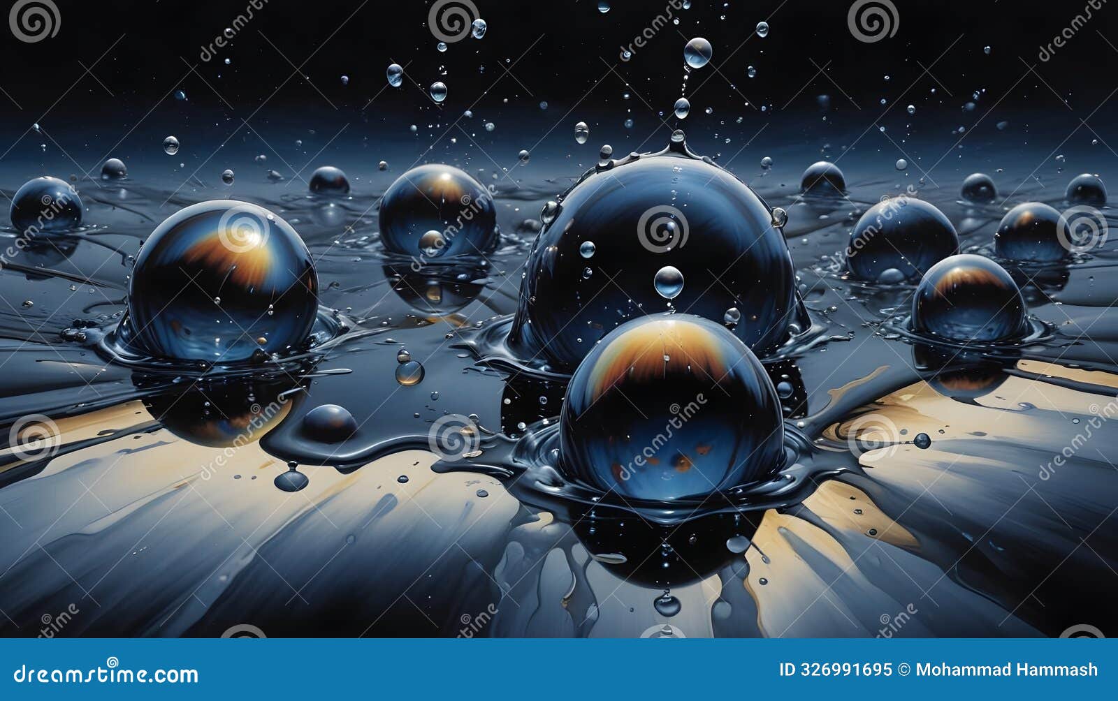 Multiple Dark, Reflective Spheres Float on a Liquid Surface, Some ...